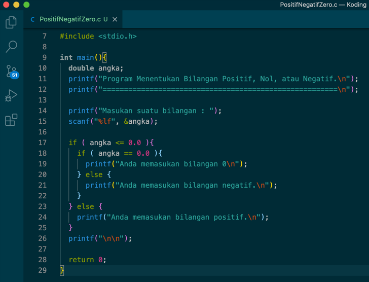 Program C Menentukan Bilangan Positif, Negatif, dan Nol
