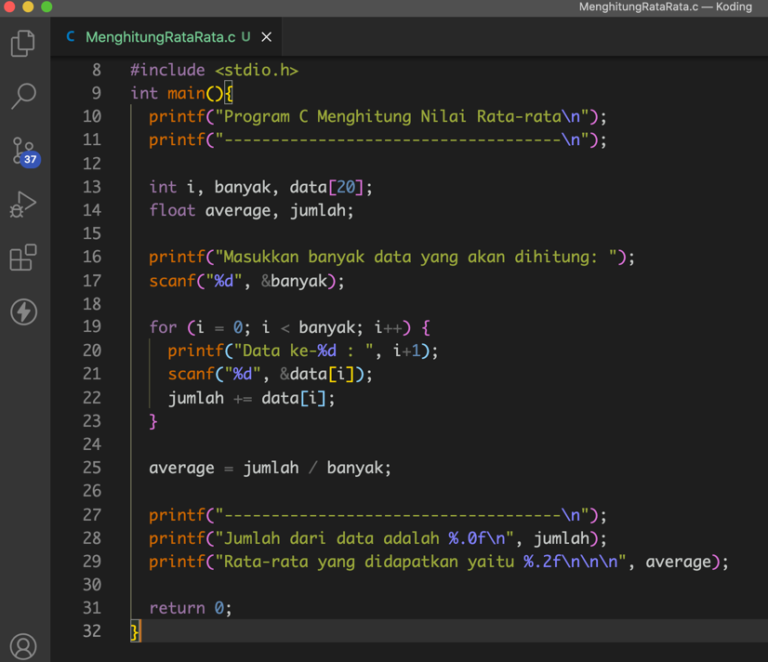 Program C Untuk Menghitung Rata-Rata Bilangan - Ayam Koding